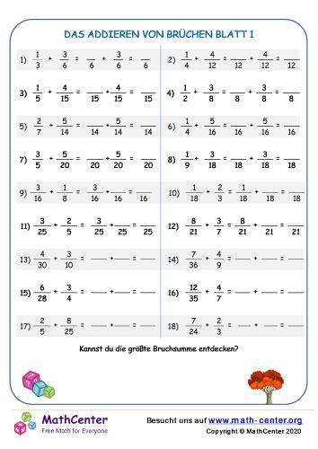 Das Addieren Von Brüchen Blatt 1 Arbeitsblätter Math Center
