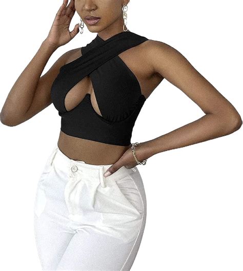 Crisscross Halter Neck Cutout Top Sheer Cup Detail Strappy Tie Backless Basic Tees Crop Top