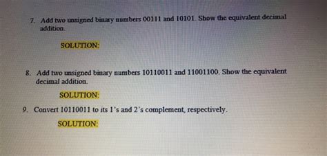 solved 7 add two unsigned binary numbers 00111 and 10101