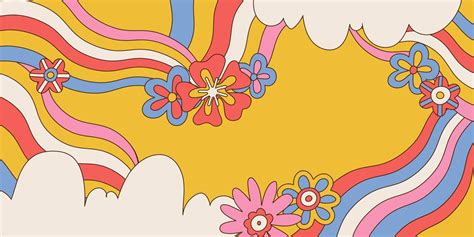 Retro Groovy Background With Clouds Flowers And Wavy Rainbows Bright