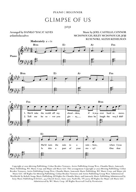 Glimpse Of Us Arr Danilo Daca Alves By Joji Sheet Music For Easy