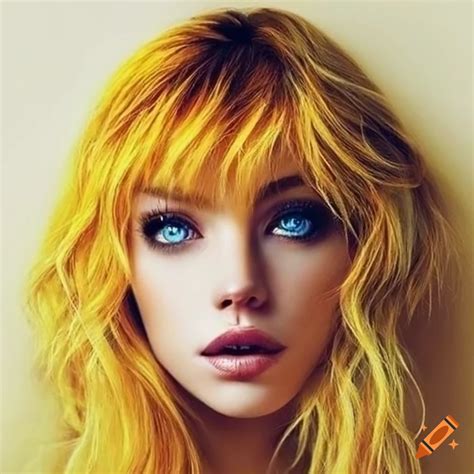 Portrait Of A Woman With Blue Eyes And Yellow Hair On Craiyon