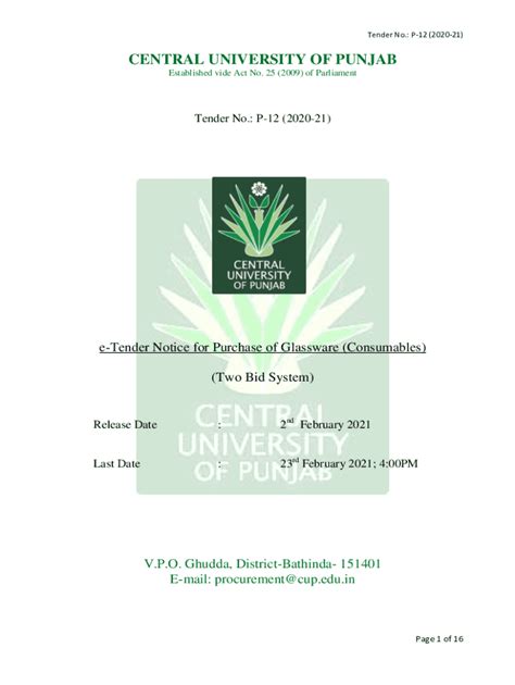 Fillable Online Cup Edu E Tender Notice For Purchase Of Glassware
