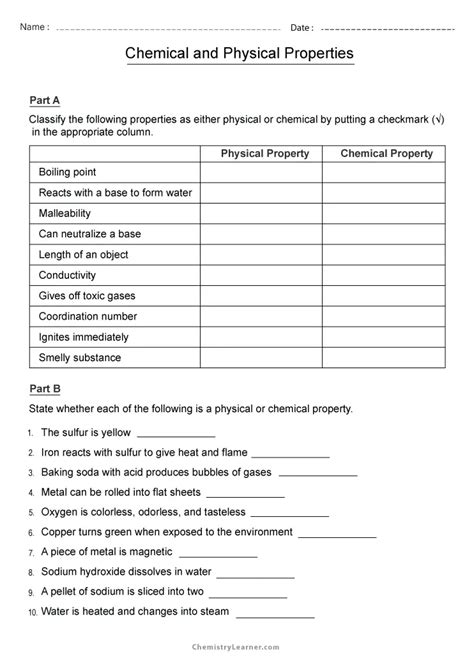 Free Printable Physical And Chemical Properties And Changes Worksheets