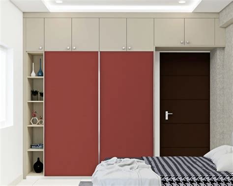 2 Door Red And Grey Sliding Wardrobe Design With Open Shelves And Loft