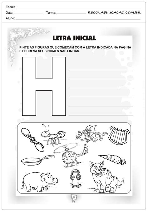 Atividade Letra H Alfabetização Escola Educação