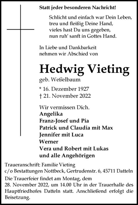 Traueranzeigen Von Hedwig Vieting Sich Erinnern De