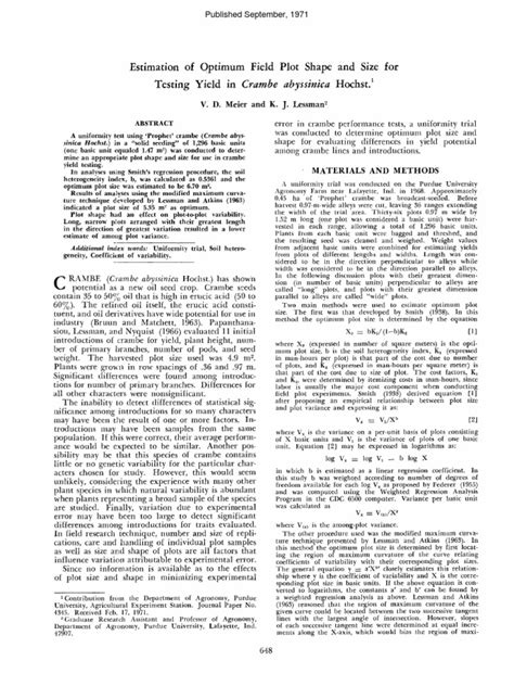estimation of optimum field plot shape and size for testing yield in crambe abyssinica hochst