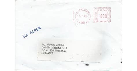 Italia Plic Circulat In Romania Francatura Mecanica Aerofilatelie