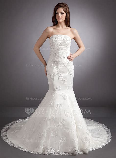 Trumpet Mermaid Strapless Chapel Train Satin Wedding Dress With Beading