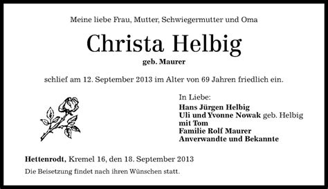 Traueranzeigen Von Christa Helbig Rz Trauer De