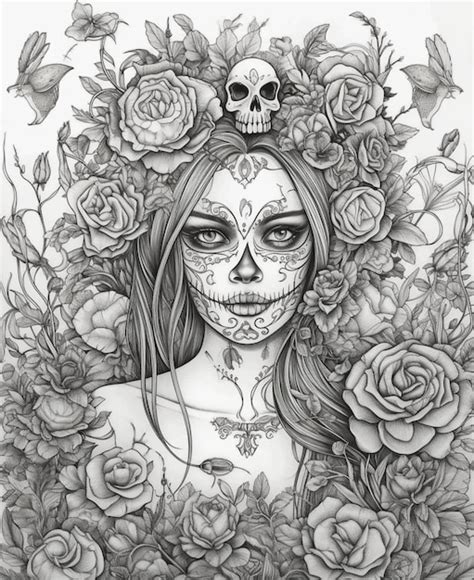 Un Dibujo En Blanco Y Negro De Una Mujer Con Rosas En La Cabeza Foto