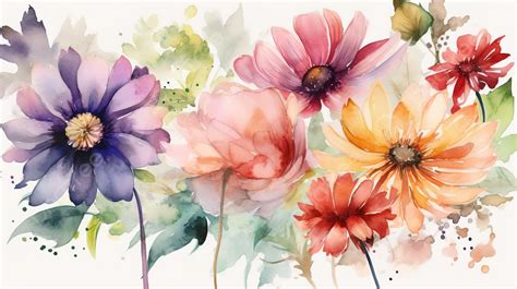 Watercolor Painting Of Several Colorful Flowers Background Watercolor