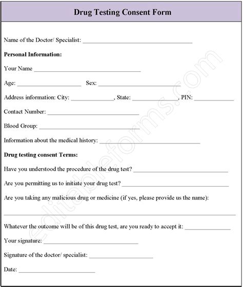 Drug Testing Consent Form Editable PDF Forms