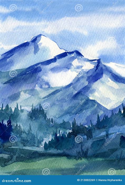 Montañas Acuarela Paisaje Dibujo a Mano Naturaleza Salvaje Stock de
