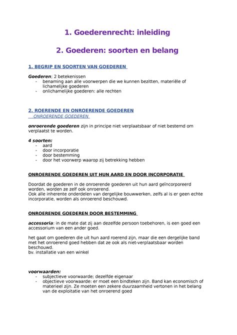 Samenvatting GR 1 Goederenrecht Inleiding 2 Goederen Soorten En