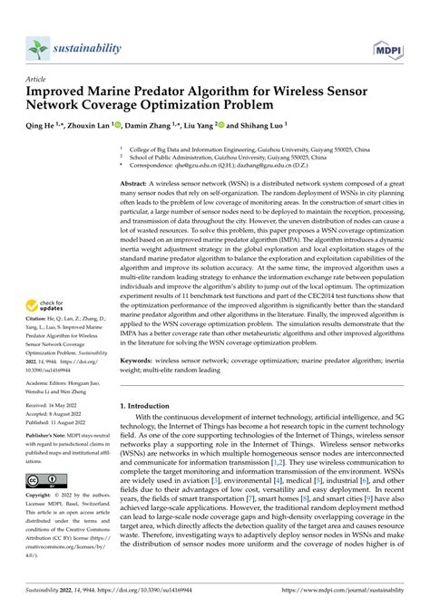 pdf improved marine predator algorithm for wireless sensor network coverage optimization problem