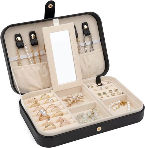 V LAFUY Travel Jewelry Case With Mirror Button Lock Portable Small