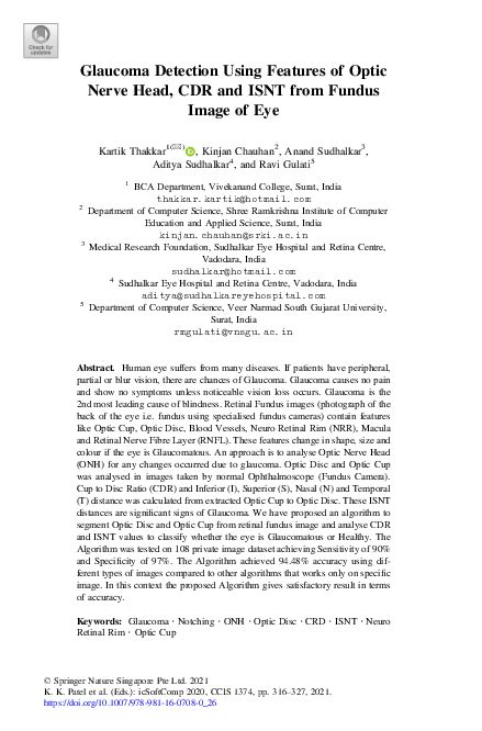 pdf glaucoma detection using features of optic nerve head cdr and isnt from fundus image of