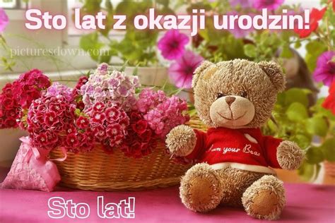 Darmowe kartka urodzinowe niedźwiedź i kwiaty do pobrania