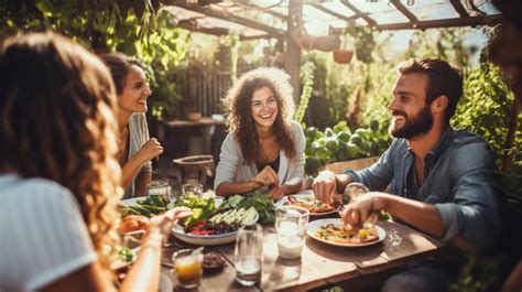 Premium AI Image A Group Of People Sitting Around A Table Eating Food