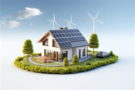 Casa painéis solares e turbinas eólicas conceito de energia