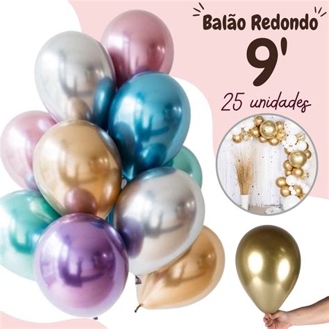 Balão Bexiga Metalizado Alumínio Cromado Platino c 25 unid Tamanho 9