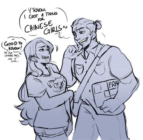 Two People Standing Next To Each Other With Speech Bubbles Above Them