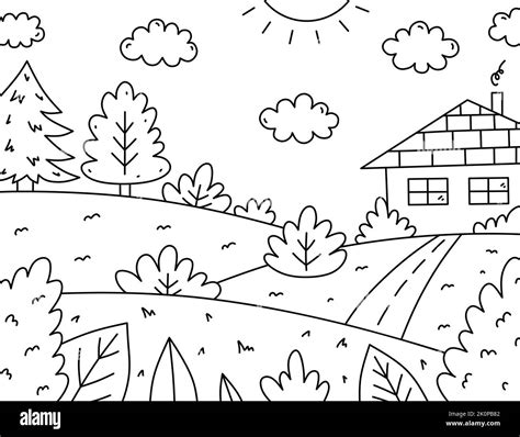 Lindo niños colorear página Paisaje con casa árboles arbustos campo