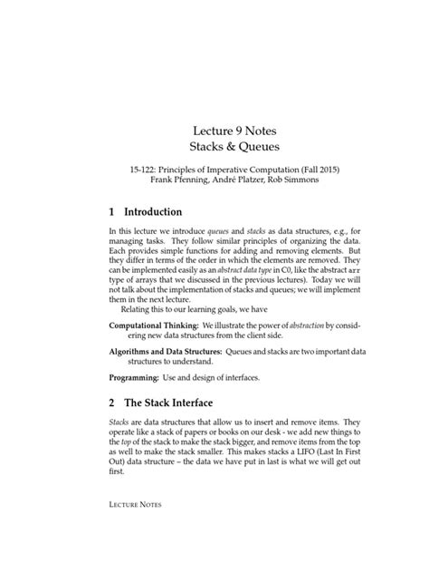 lecture 9 notes stacks and queues pdf queue abstract data type algorithms and data structures