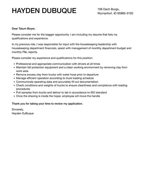 Bagger Cover Letter Velvet Jobs
