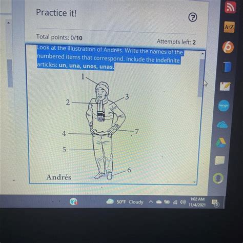 Look at the illustration of Andrés Write the names of the numbered