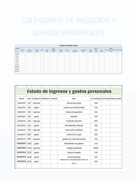 Plantilla De Excel Calendario De Ingresos Y Gastos Personales Y Hoja De