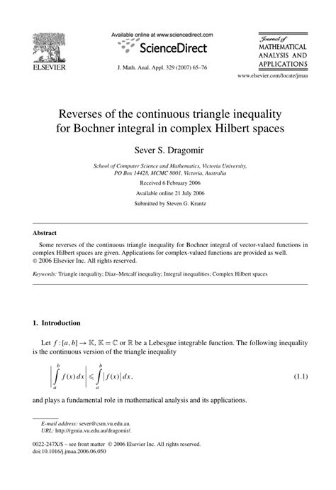 pdf reverses of the continuous triangle inequality for bochner integral in complex hilbert spaces