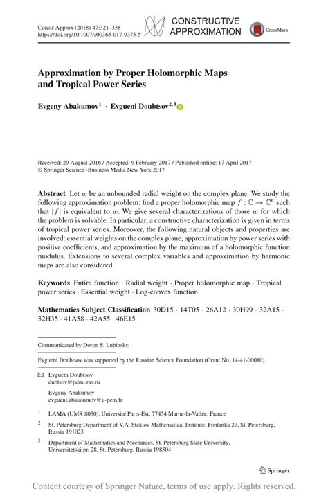 approximation by proper holomorphic maps and tropical power series request pdf