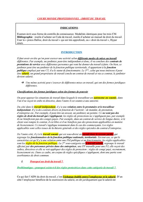 Droit Du Travail L2 COURS MONDE PROFESSIONNEL DROIT DU TRAVAIL