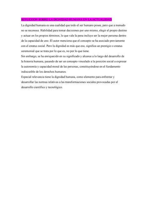 Reflexion Sobre La Dignidad Humana En La Actualidad Reflexion Sobre