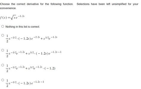 solved choose the correct derivative for the following