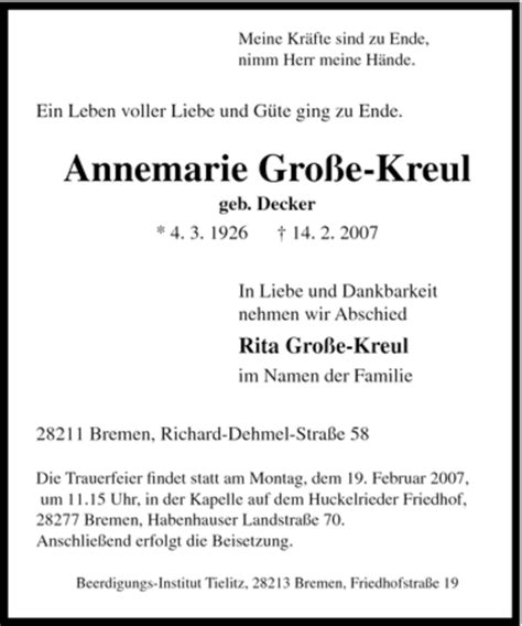 Trauer und Todesanzeigen von Annemarie Große Kreul Trauer de