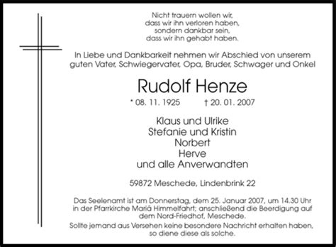 Traueranzeigen Von Rudolf Henze Trauer In NRW De