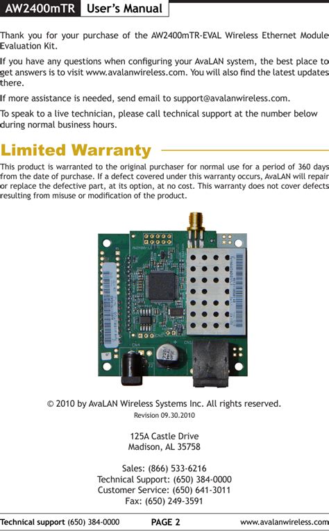 Avalan Wireless Systems Orporated AW2400MR 2 4 GHz Wireless Ethernet