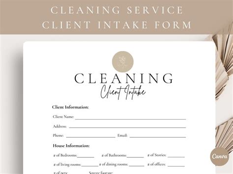 Professional Residential Cleaning Service Client Intake Form Editable