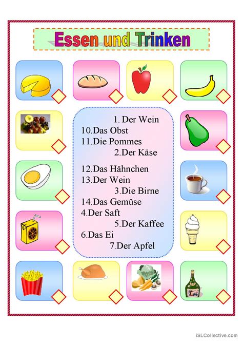 Essen und Trinken Deutsch DAF Arbeitsblätter pdf doc