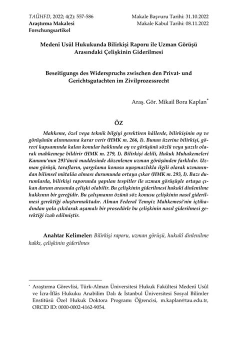 PDF Medenî Usûl Hukukunda Bilirkişi Raporu ile Uzman Görüşü