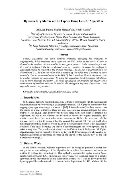 dynamic key matrix of hill cipher using genetic algorithm pdf