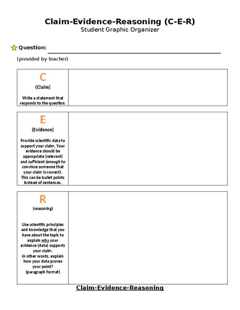 Cer Template With Rubric Claim Evidence Reasoning C E R Student