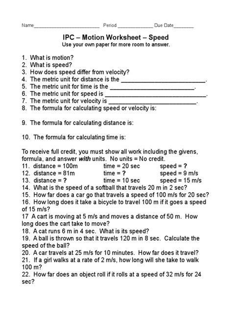 determining speed velocity worksheet