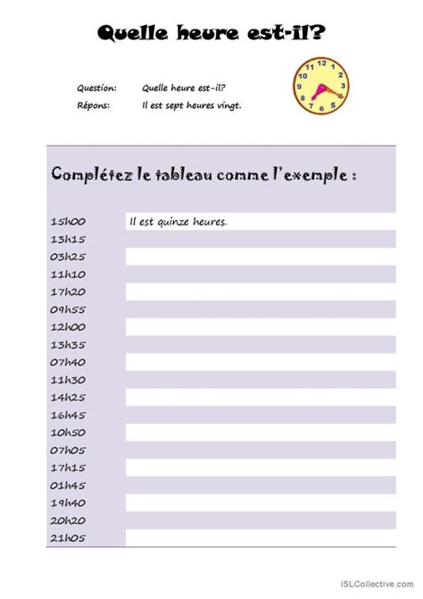 Quelle heure est il Français FLE fiches pedagogiques pdf doc