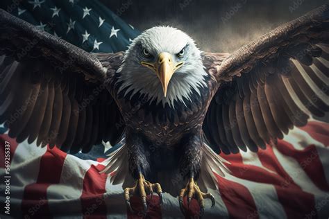 Patriotic American Bald Eagle In Fron Of USA Flag Symbol Of United