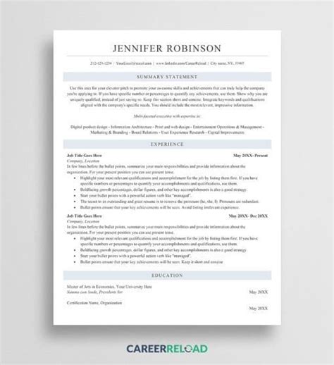 ATS Resume Template For Word Jennifer Career Reload